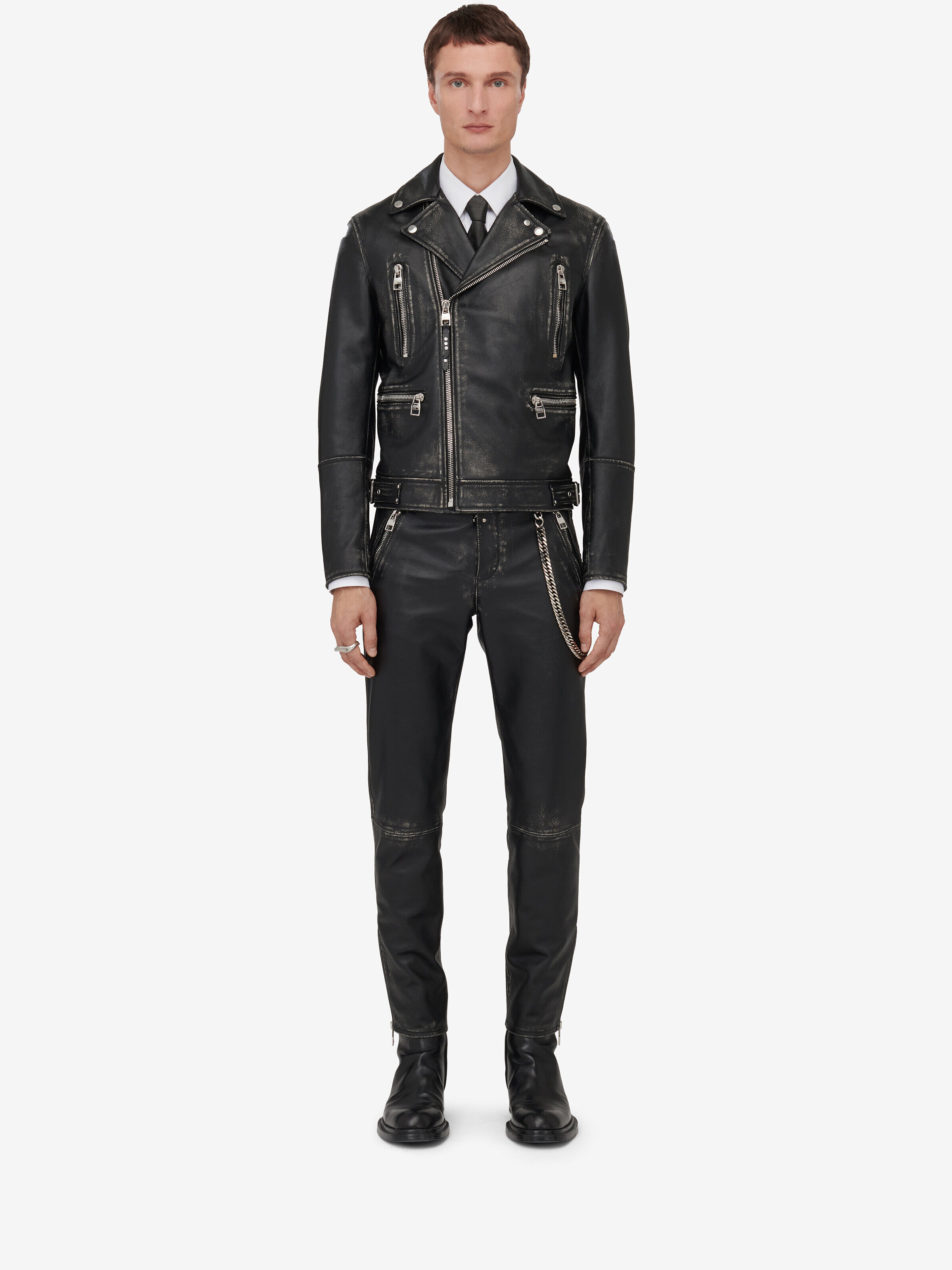 Alexander Mcqueen Leather Biker Jacket In Black/ivory | ModeSens